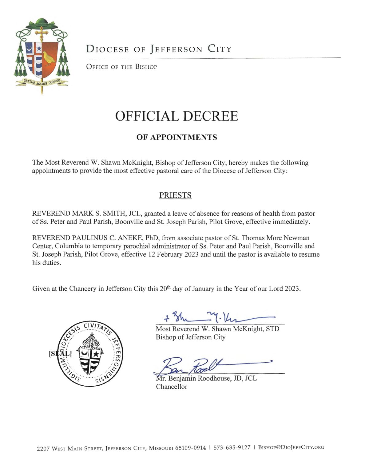 Appointment Decree January 2023 | Diocese of Jefferson City