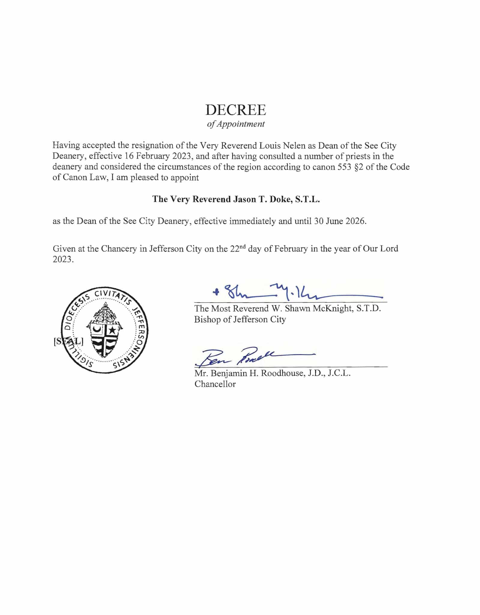 Decree of appointment | Diocese of Jefferson City