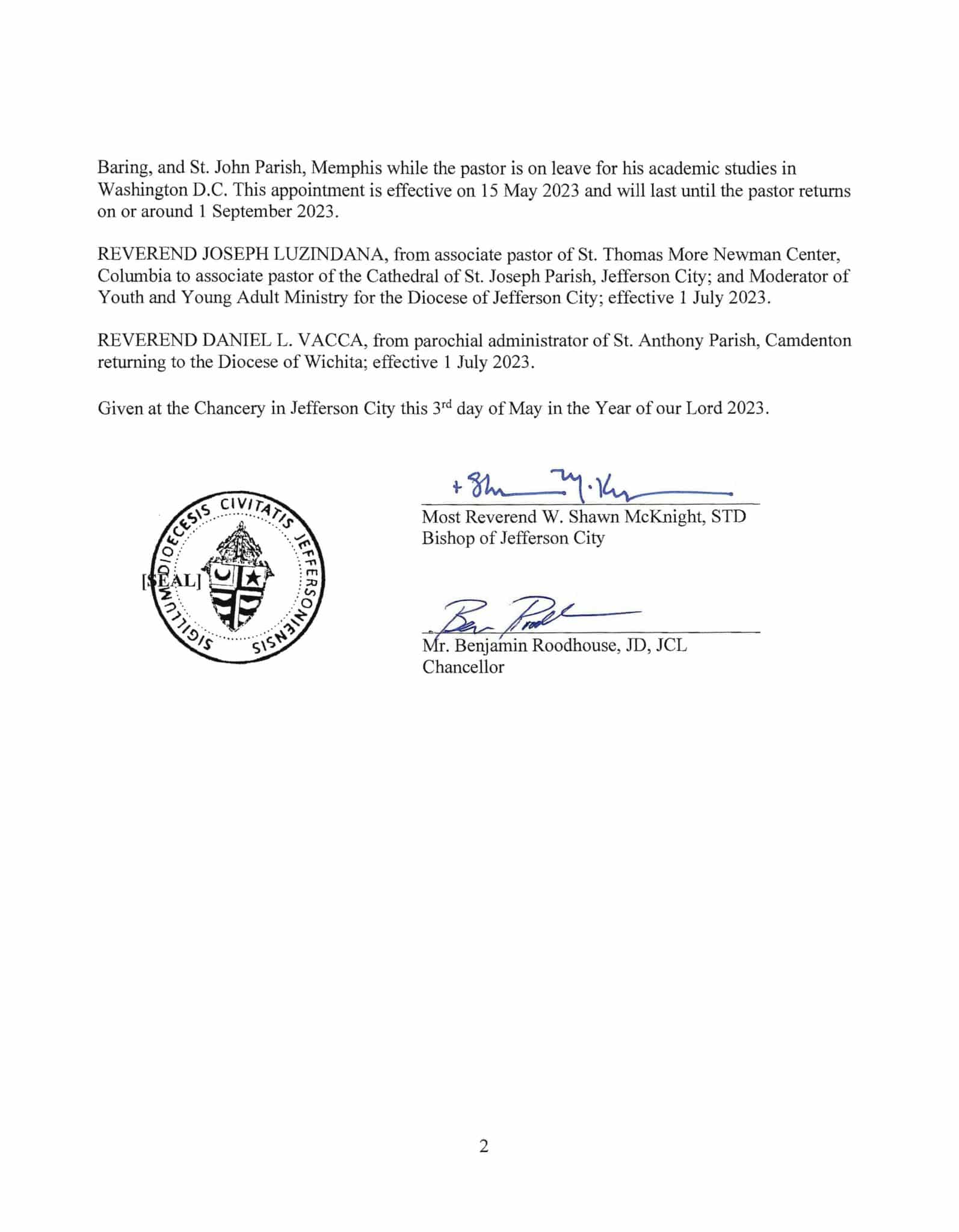 Decree of appointments | Diocese of Jefferson City