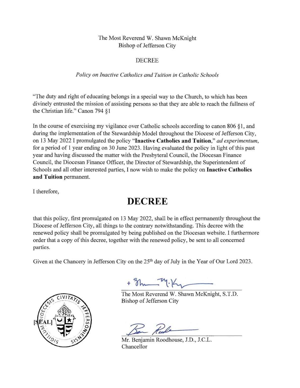 Decree Renewing Catholic Tuition Policy | Diocese of Jefferson City
