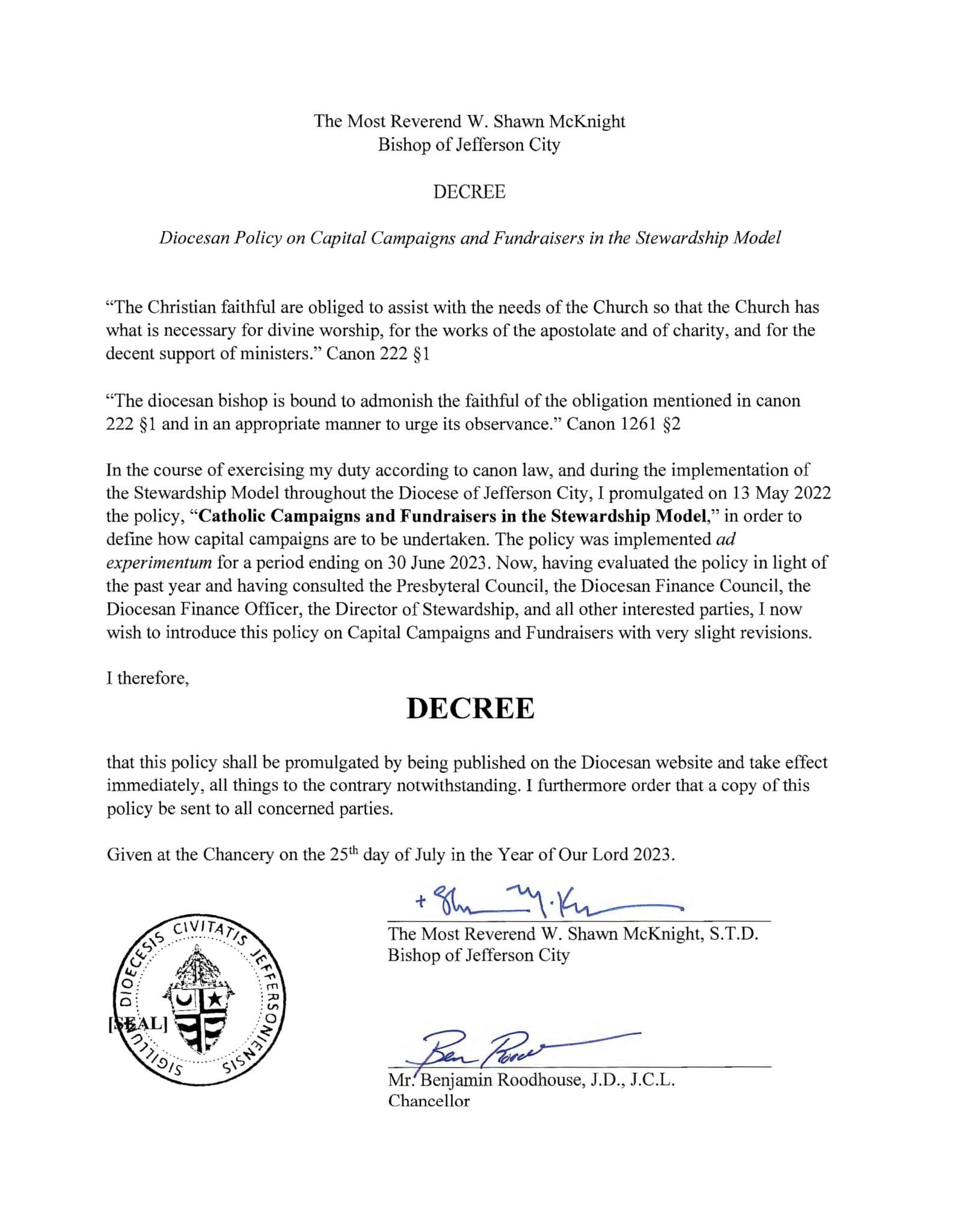 Decree Updating Capital Campaign Policy | Diocese of Jefferson City