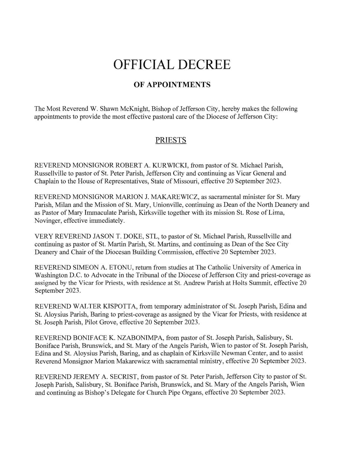 Decree of Appointments | Diocese of Jefferson City