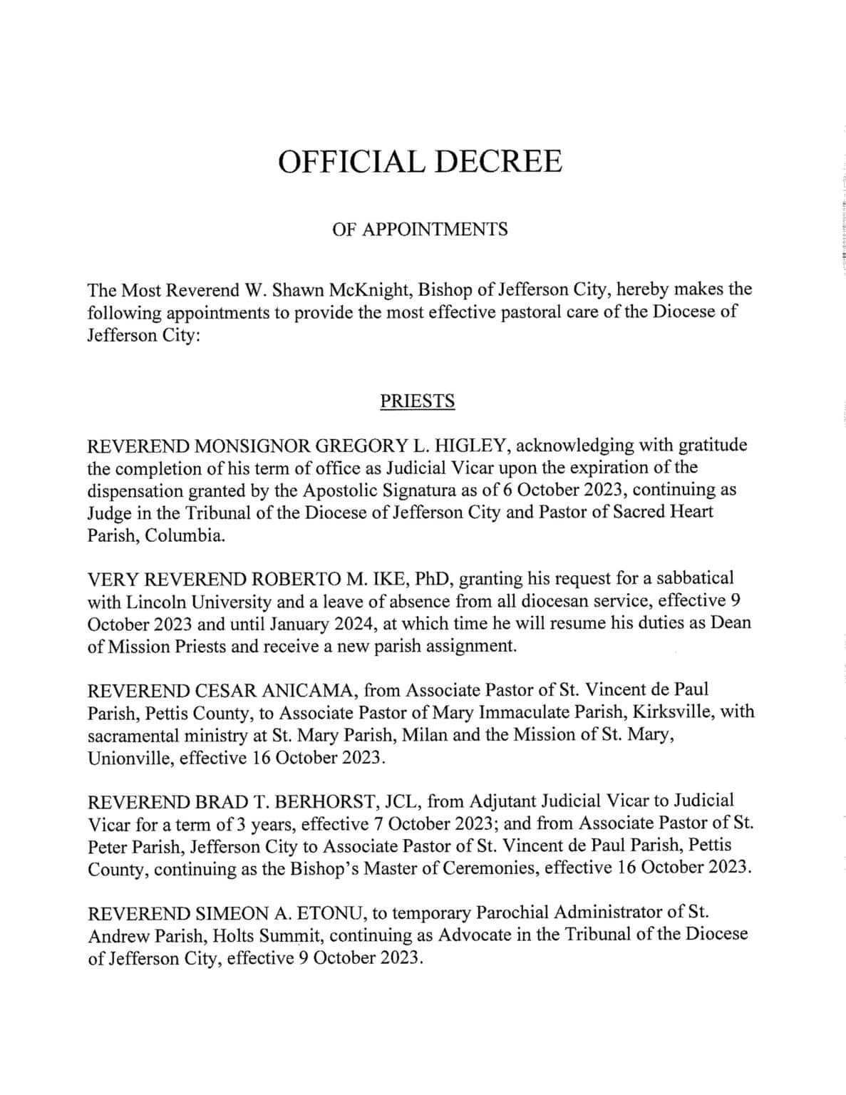Decree of Appointments | Diocese of Jefferson City