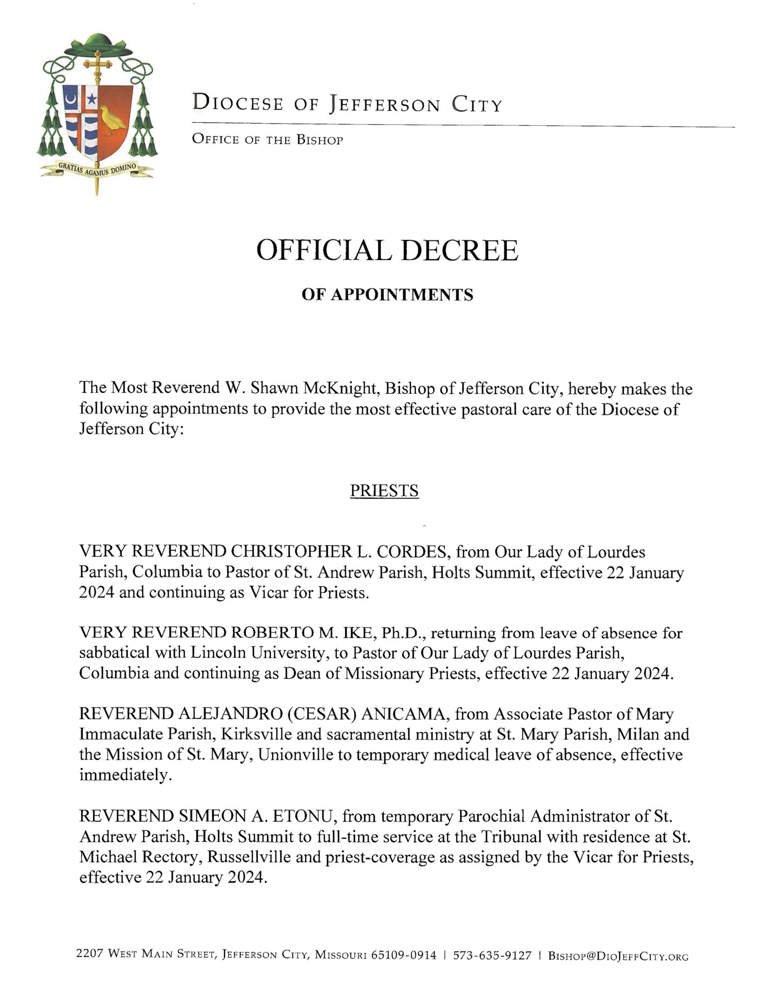 Official Appointments | Diocese of Jefferson City