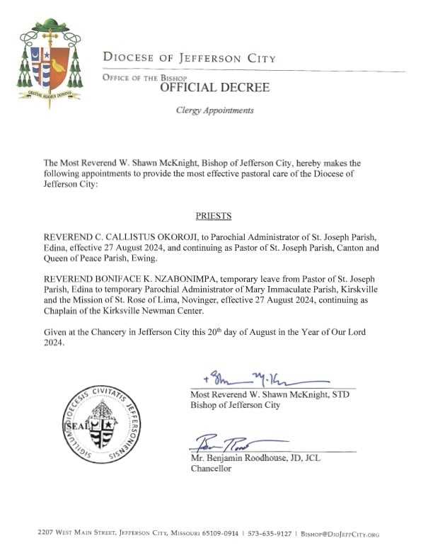 Decree Of Appointments August 2024 2 | Diocese of Jefferson City